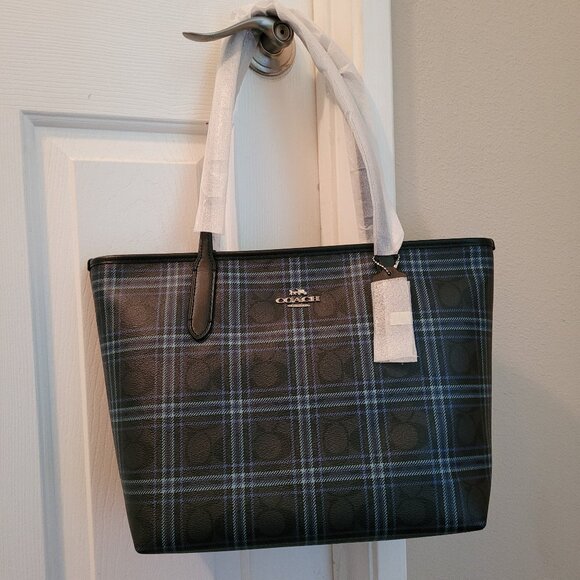Coach | Bags | Nwt Coach Blue Shirting Plaid On Signature Canvas Tote ...